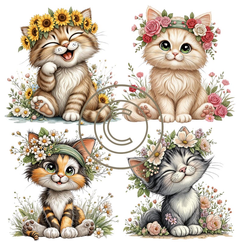 Floral Cat Clipart PNG Bundle, Kitten With Flowers (digital Download ...