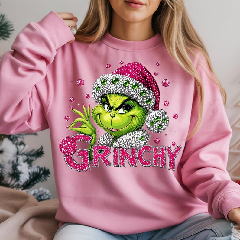 Grinchy Christmas PNG: Sparkly Rhinestone Santa Hat Grinchy Girl ...