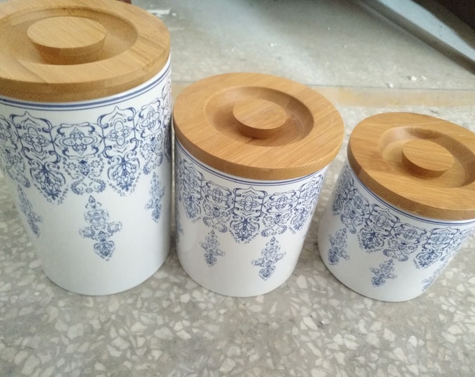 Set of 3 Elegant Blue & White Ceramic Storage Canisters - Etsy