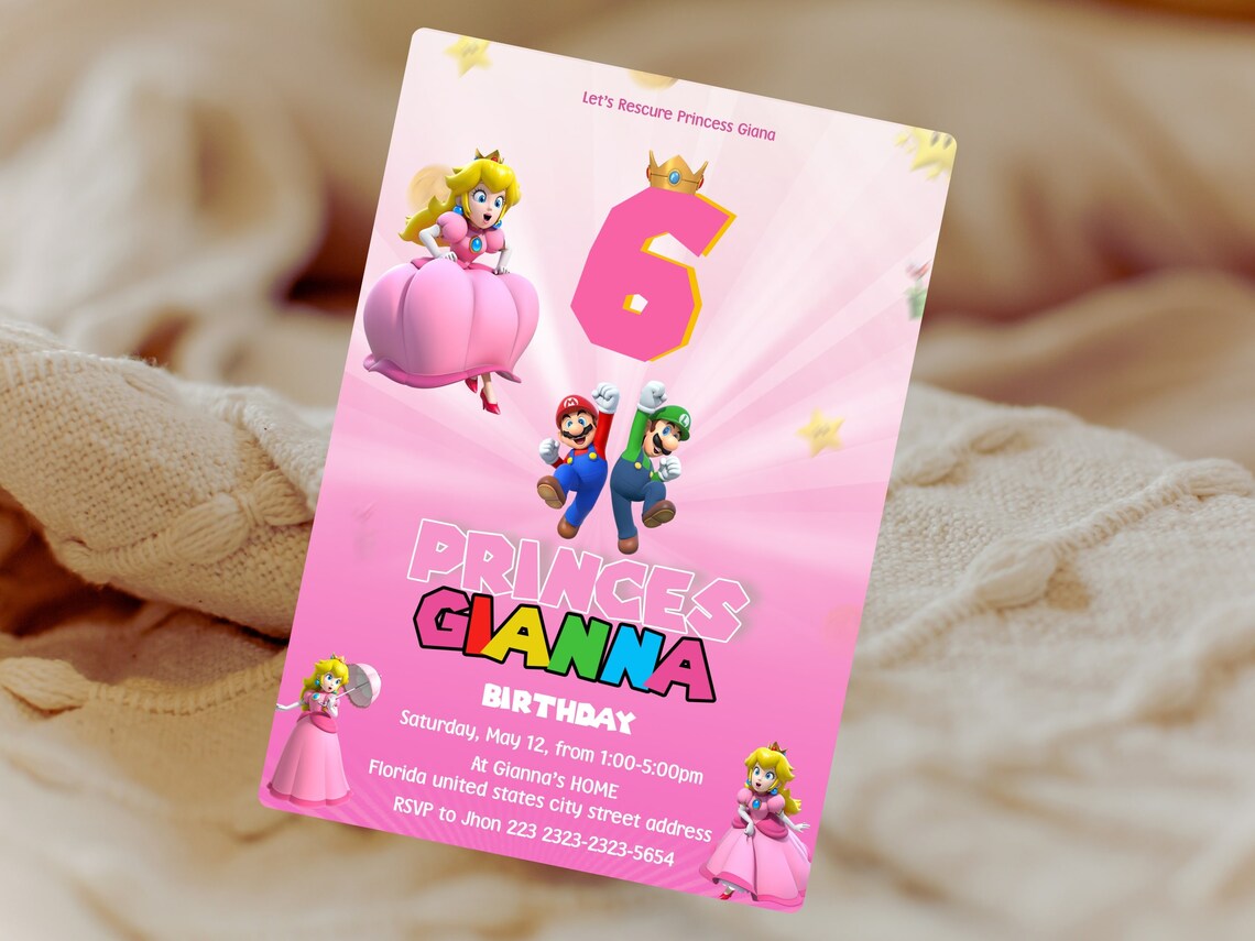 Super Mario Princess Birthday Invitation Card, Mario Bros, Mario ...