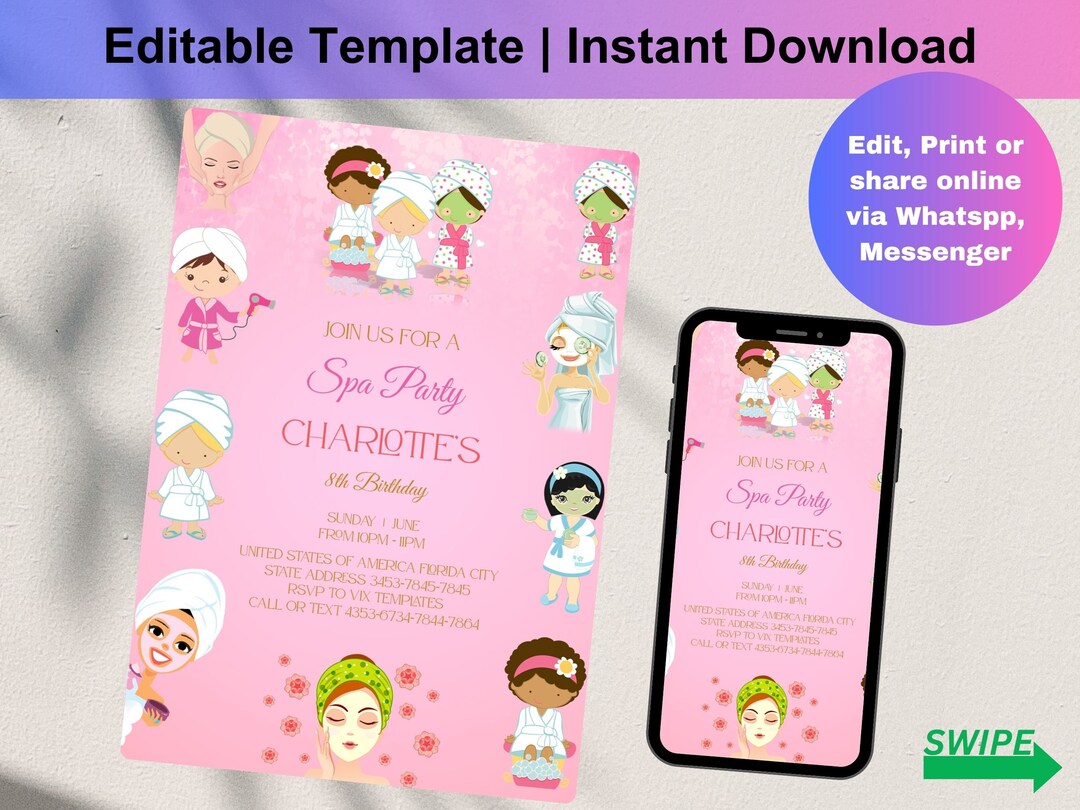 Spa Party Birthday Invitation Template Printable, Spa Party Birthday ...