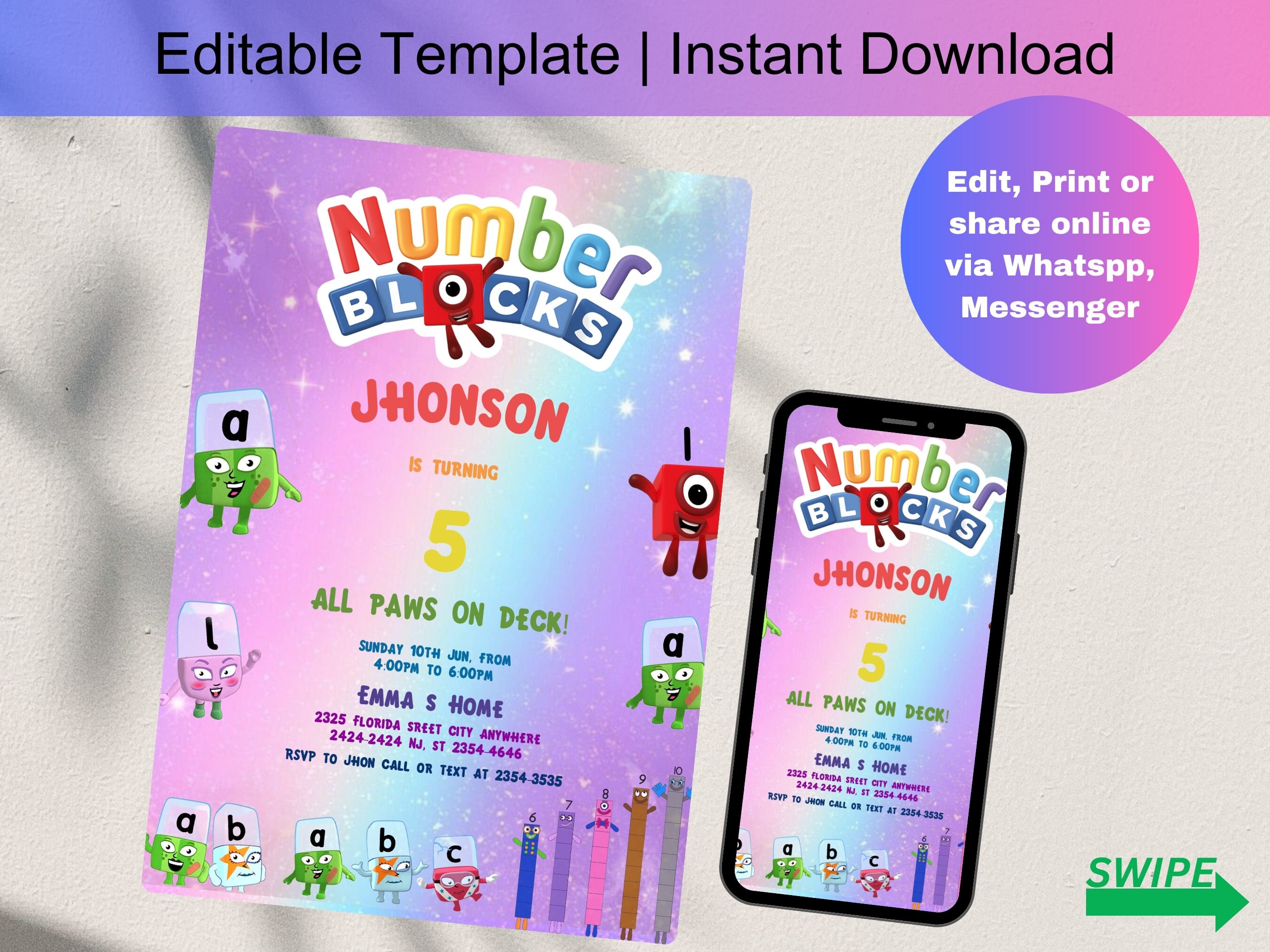 Editable Numberblocks Birthday Invitations | Number Blocks Invite ...