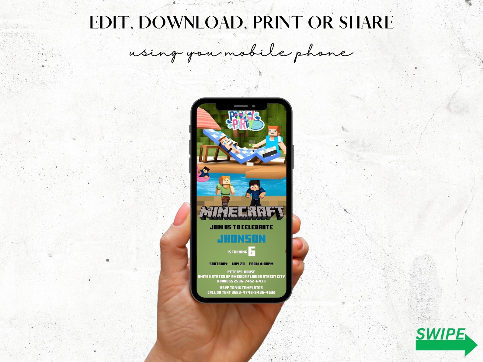 Minecraft Pool Party Birthday Invitation | Kids Birthday Invitation ...