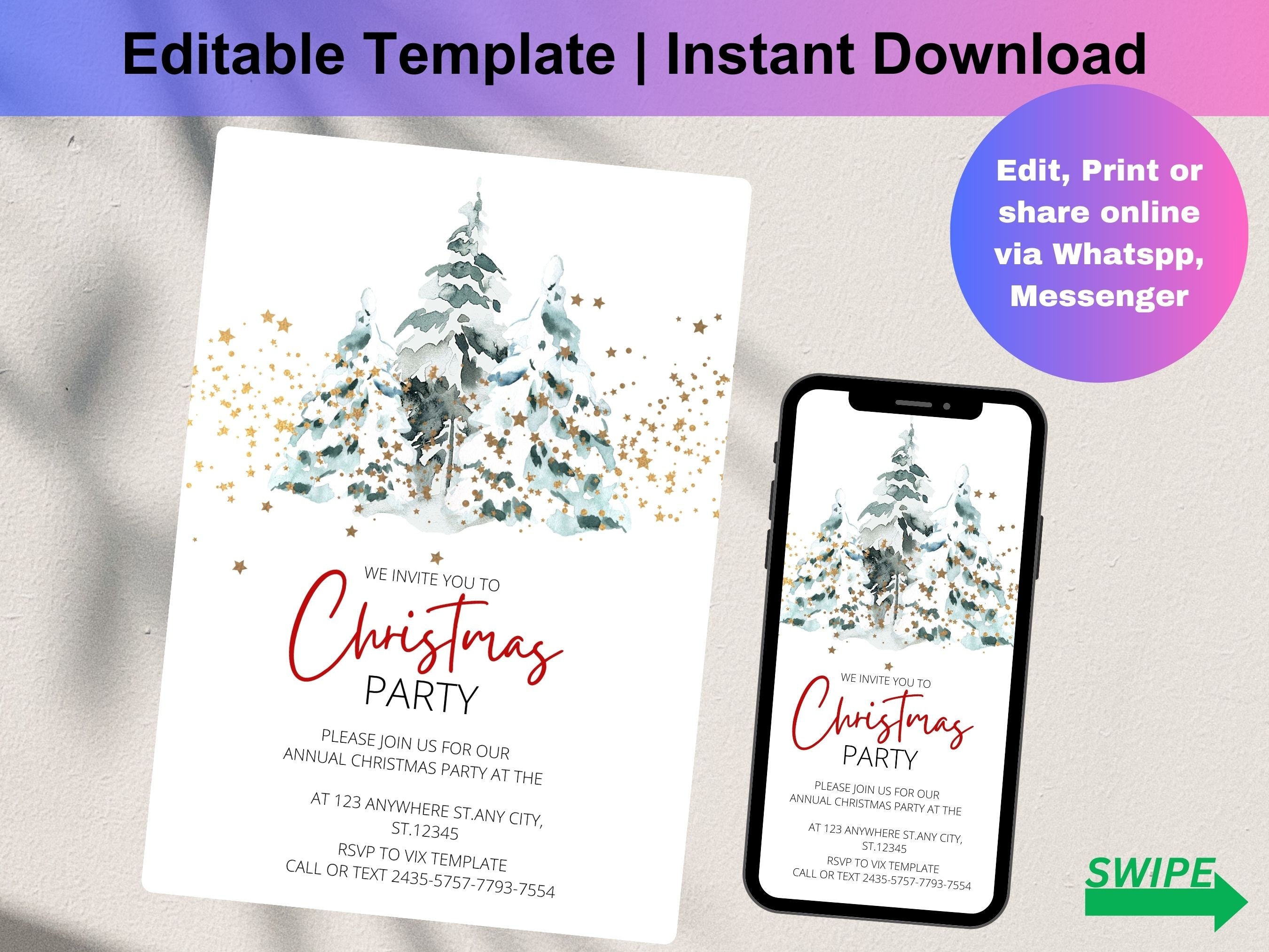 Editable Christmas Party Invitation, Christmas Party Invitation ...