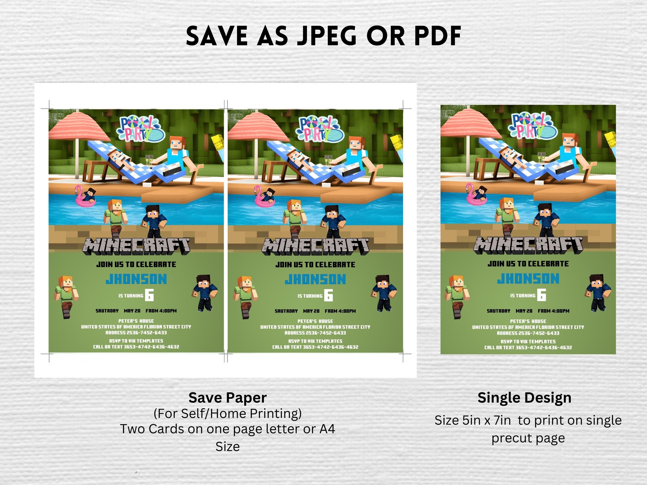 Minecraft Pool Party Birthday Invitation | Kids Birthday Invitation ...