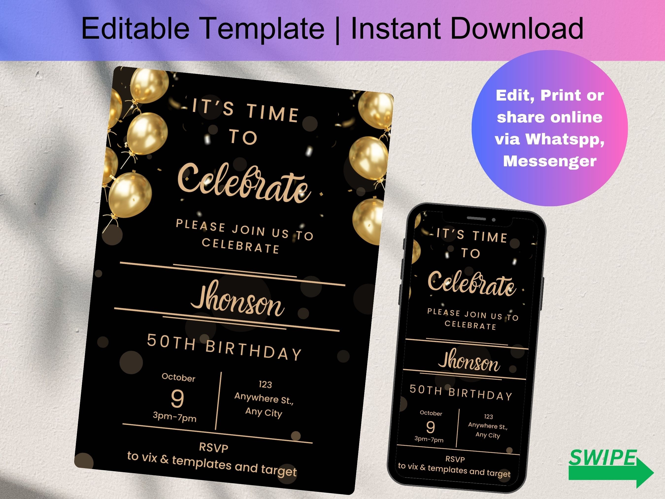 Men's Birthday Invitation Balloons Printable Let's Celebrate Party ...