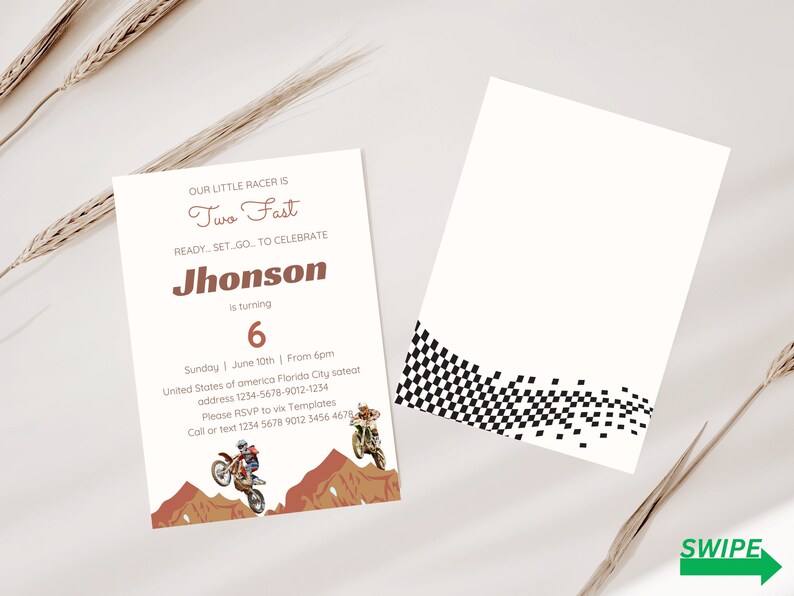 Editable Two Fast Dirt Bike Birthday Party Invitation Boy Racing Dirt ...