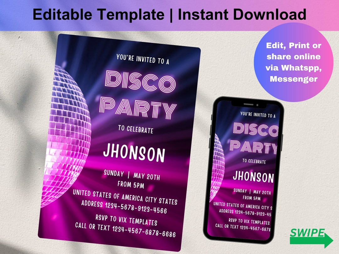 Editable Disco Party Birthday Invitation, Disco Gender Neutral Invites ...