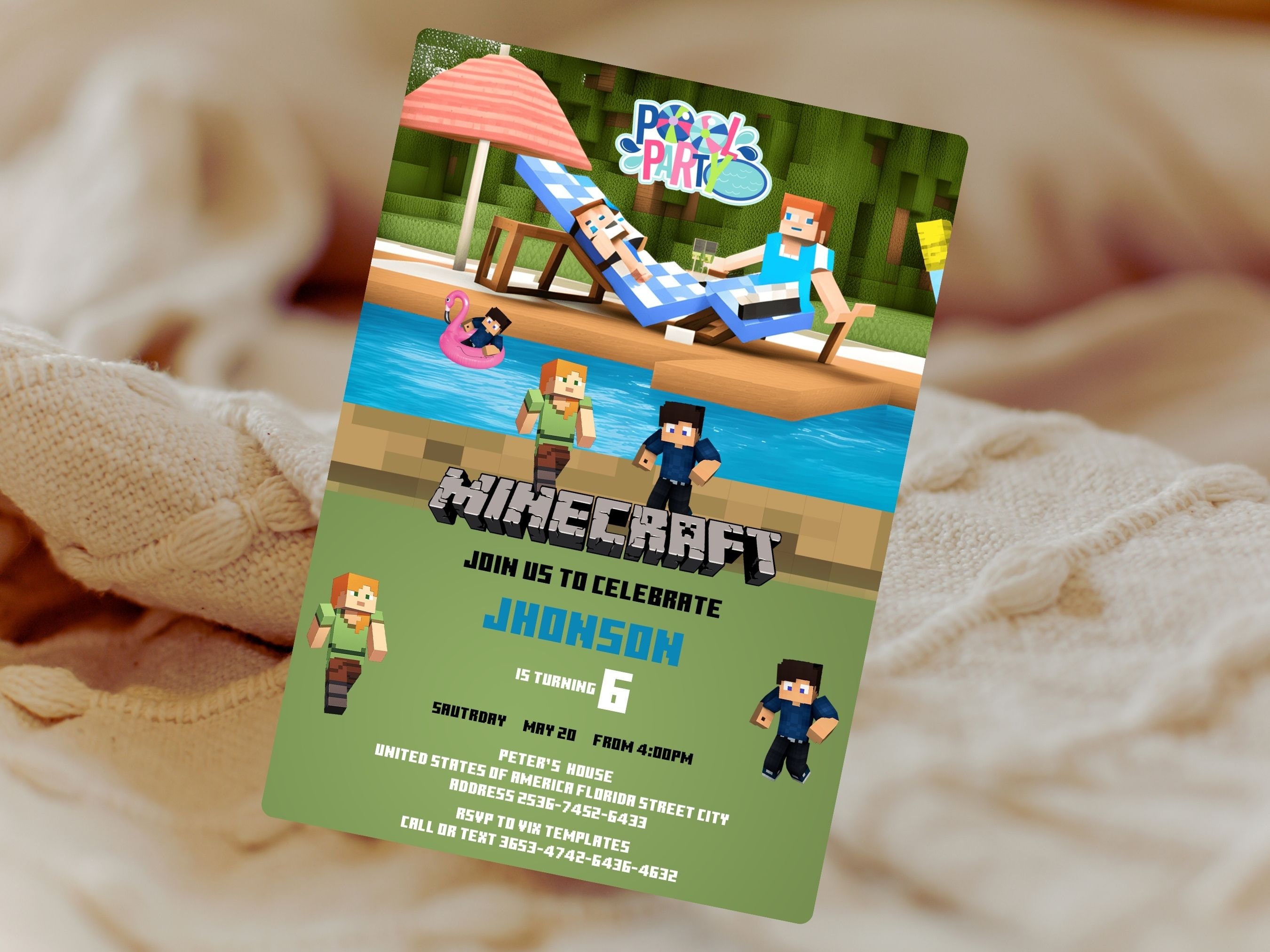 Minecraft Pool Party Birthday Invitation | Kids Birthday Invitation ...