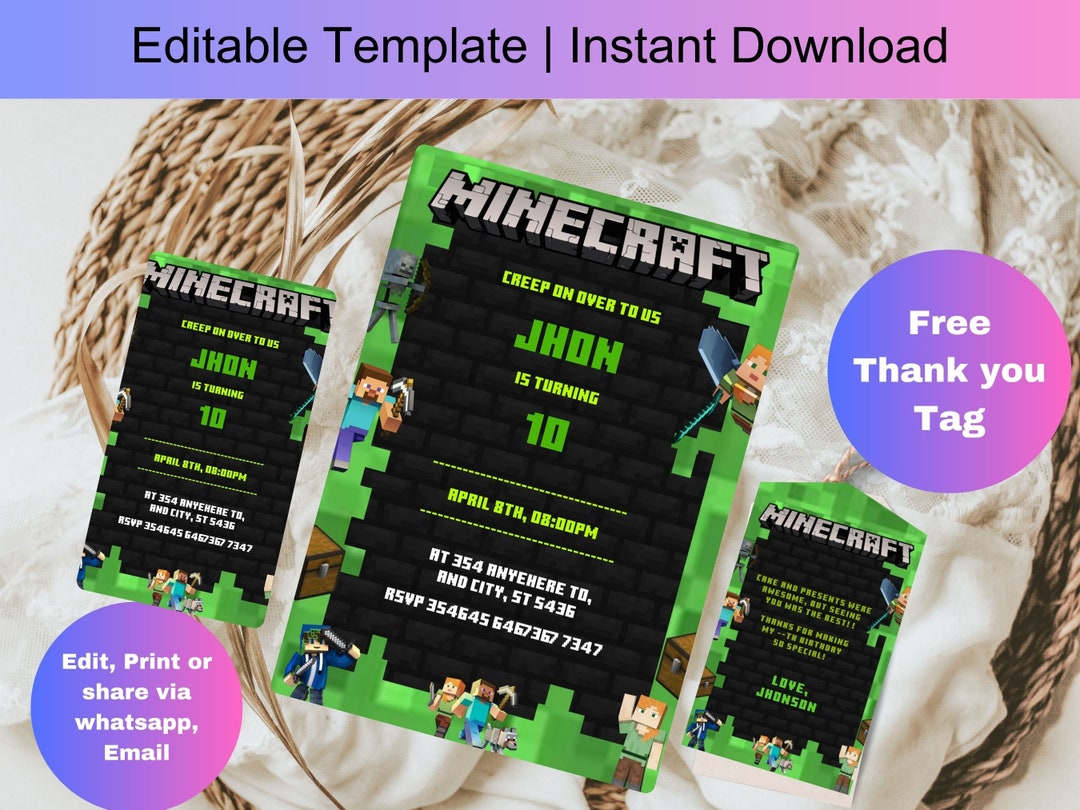 Invitación de cumpleaños editable de Minecraft Invitación editable de ...