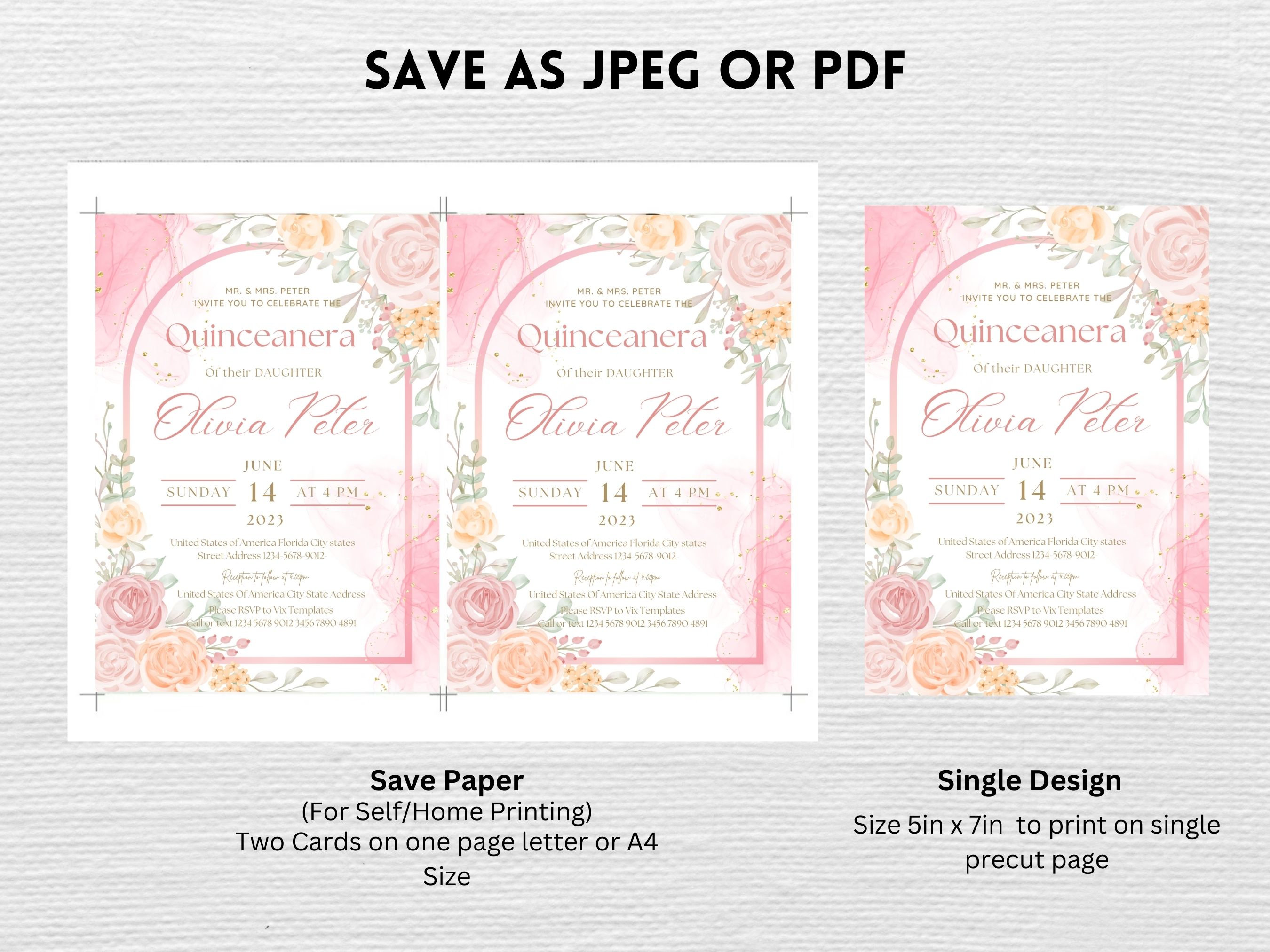 Blush Pink Floral Roses Quinceañera Invitation Printable EDITABLE TEMP ...