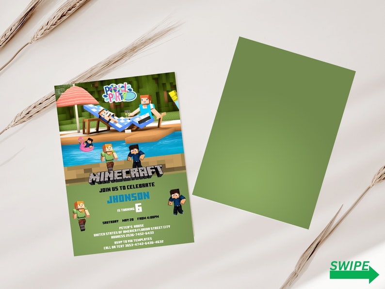 Minecraft Pool Party Birthday Invitation | Kids Birthday Invitation ...