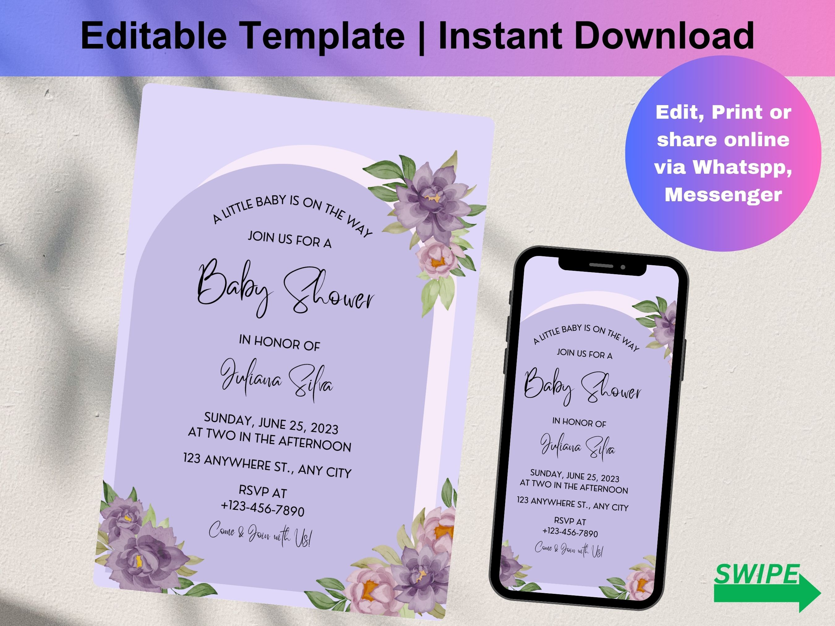 Editable Lavender Baby Shower Invitation Lavender Garden - Etsy