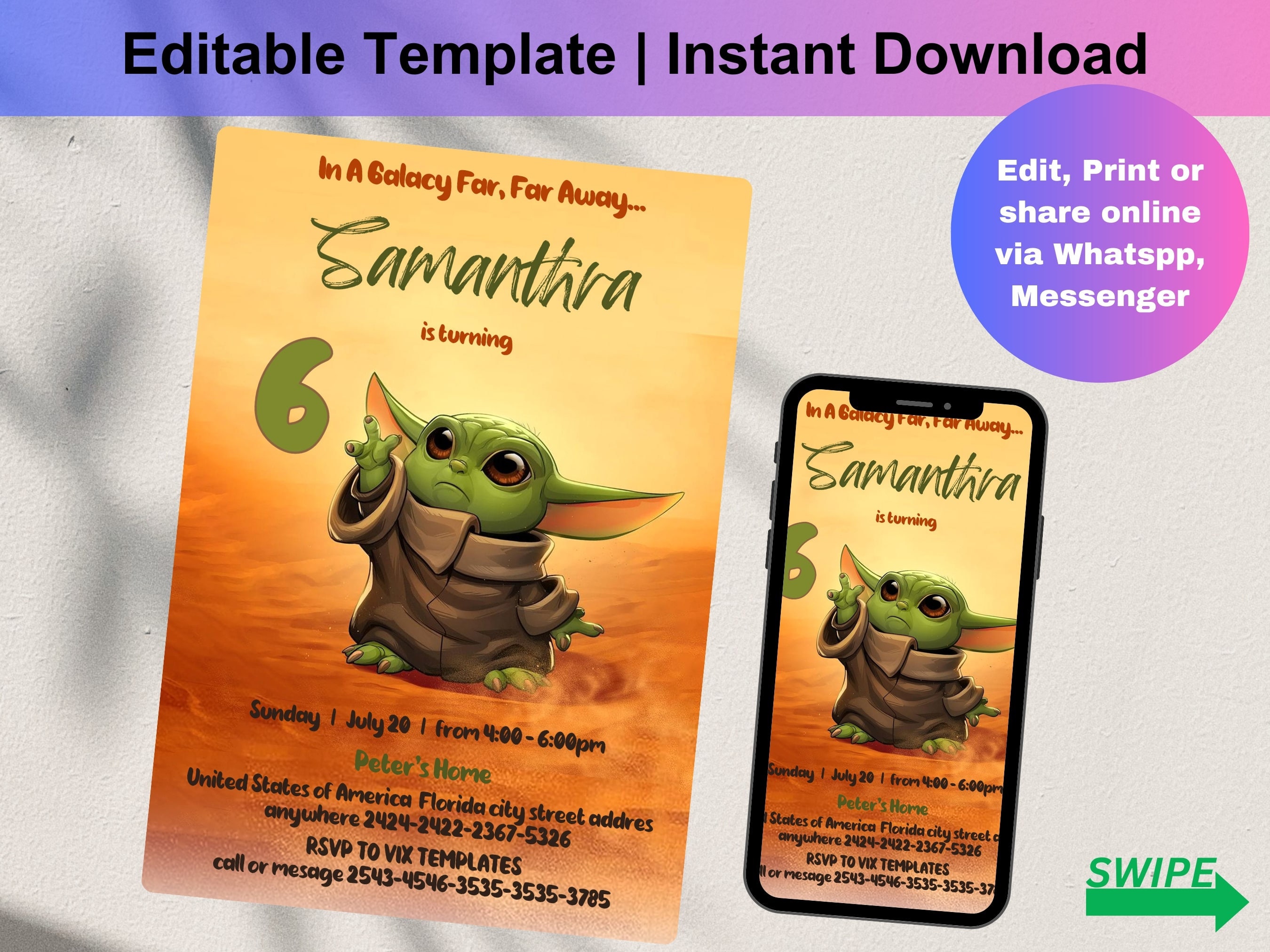 Editable Yoda Invitation Baby Yoda Birthday Party Invite Digital Yoda ...