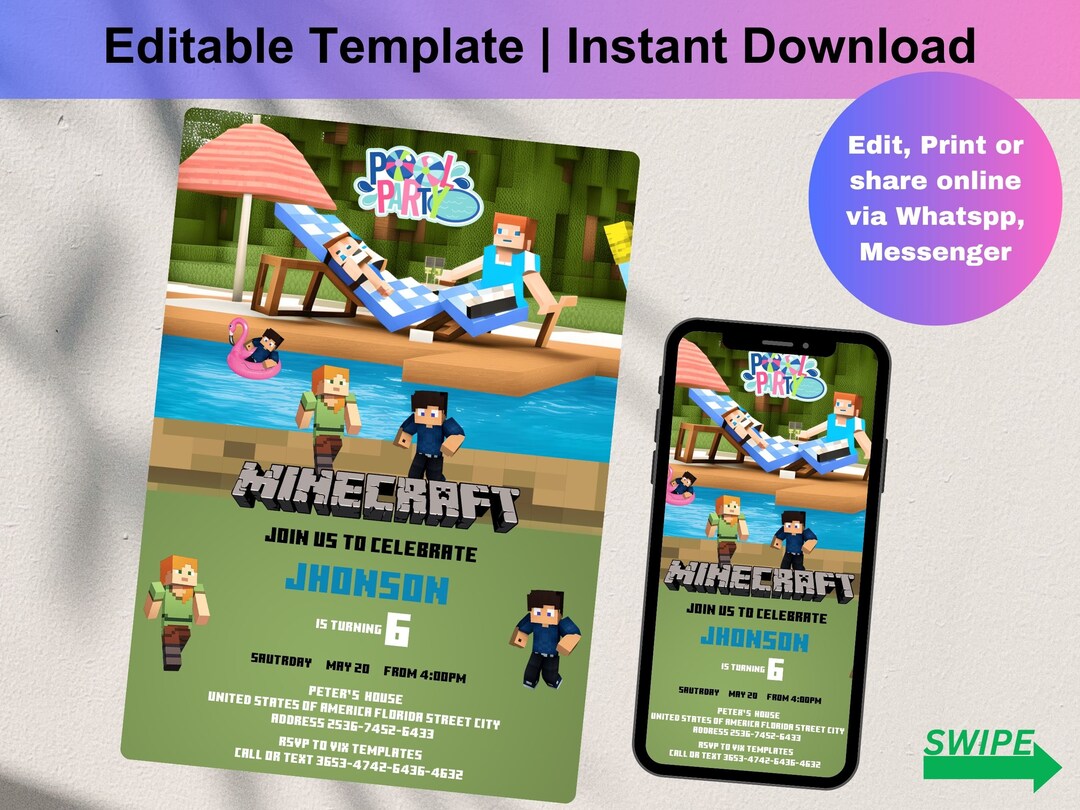 Minecraft Pool Party Birthday Invitation | Kids Birthday Invitation | Minecrafter Waterslide ...