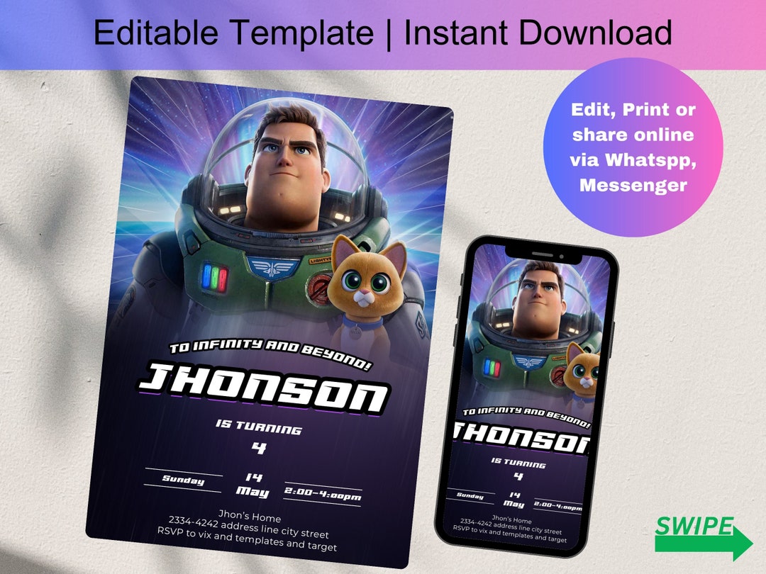 Editable Buzz Lightyear Birthday Invitation, Printable Birthday ...