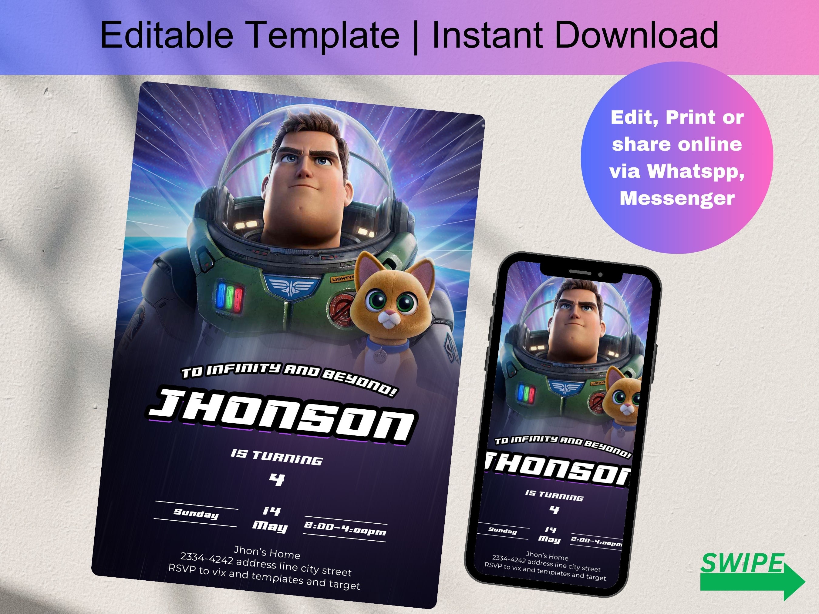 Editable Buzz Lightyear Birthday Invitation, Printable Birthday ...