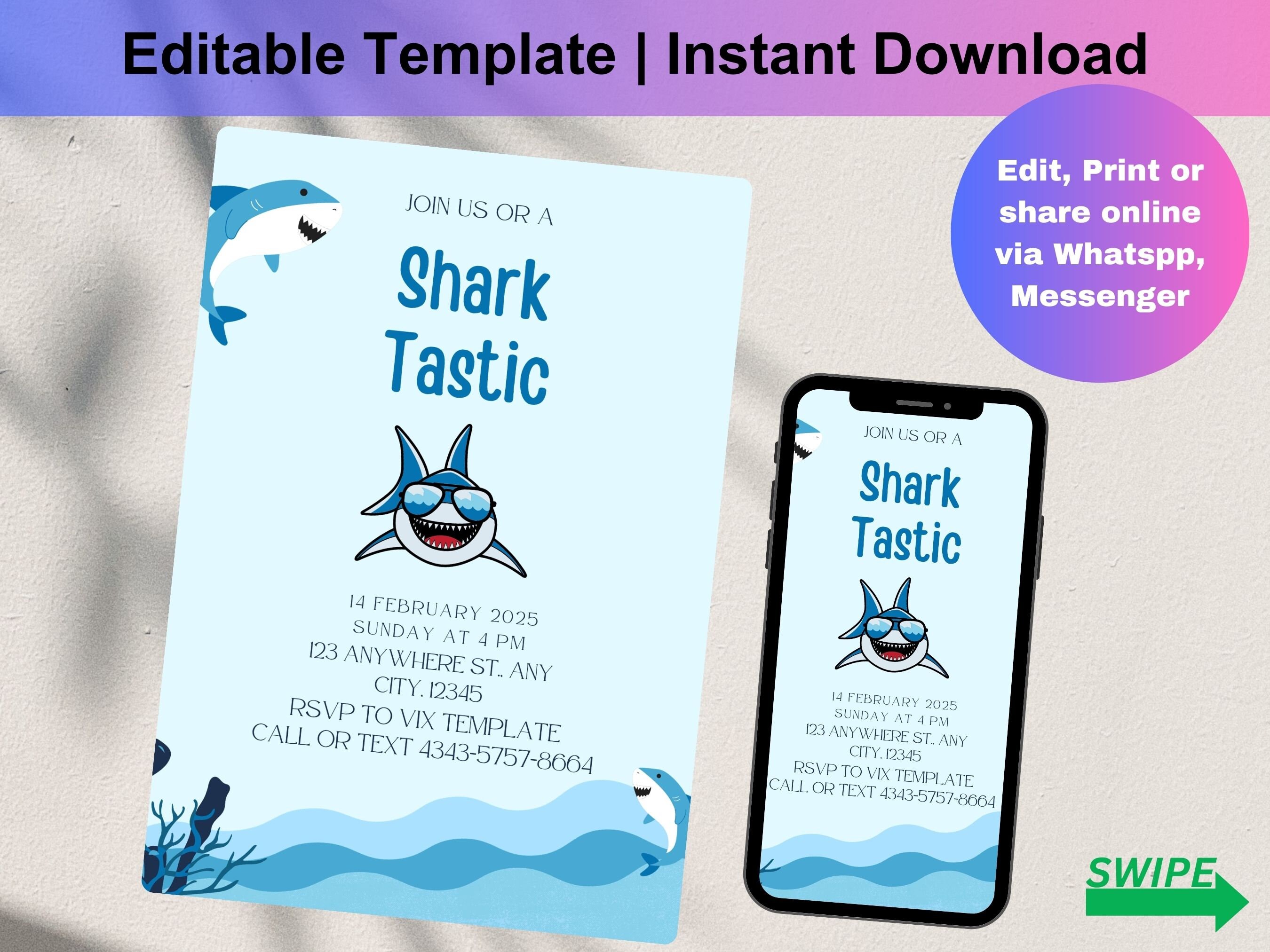 Shark Invitation, Shark Invites, Instant Download Shark Invitations ...