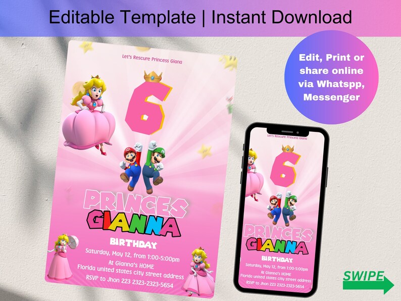 Super Mario Princess Birthday Invitation Card, Mario Bros, Mario ...