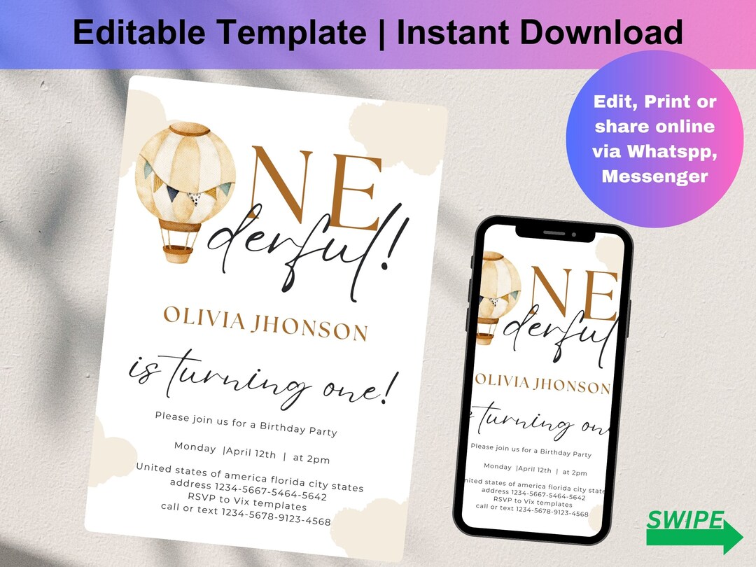 Onederful Invitation, 1st Birthday Invitation, Hot Air Balloon Invite ...