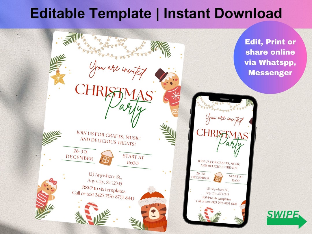 Christmas Party Invitation , Kids Christmas Party Invitation , Editable ...