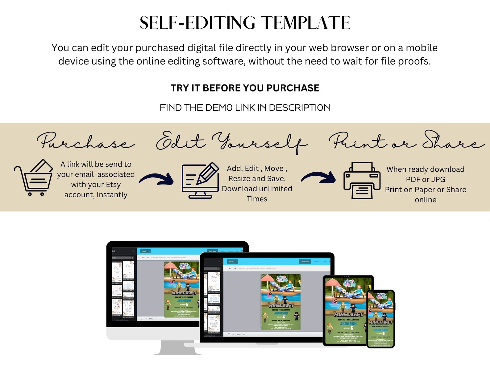 Minecraft Pool Party Birthday Invitation | Kids Birthday Invitation ...