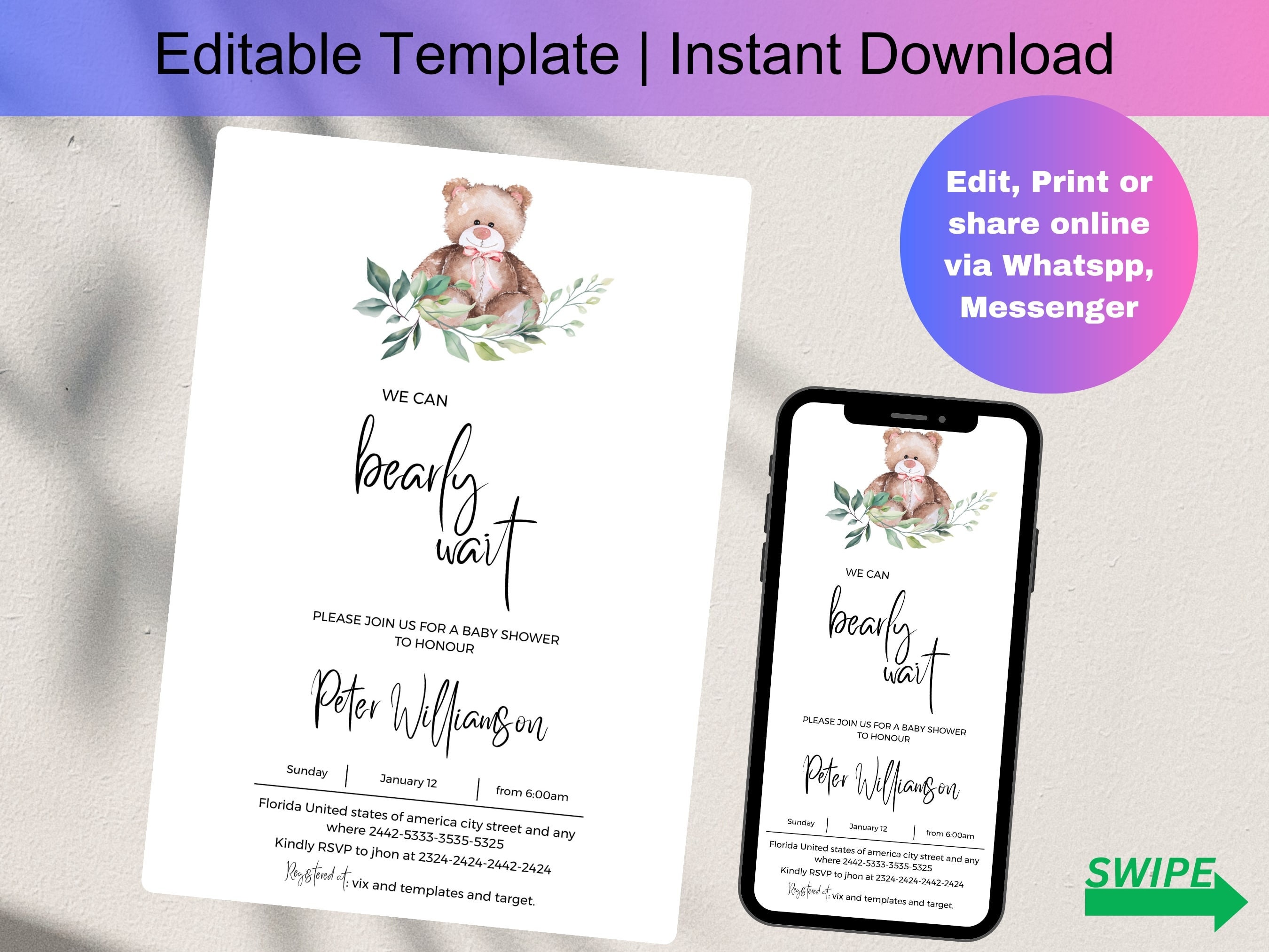 REMI Teddy Bear Baby Shower Invitation Template, Editable Bear Balloon ...