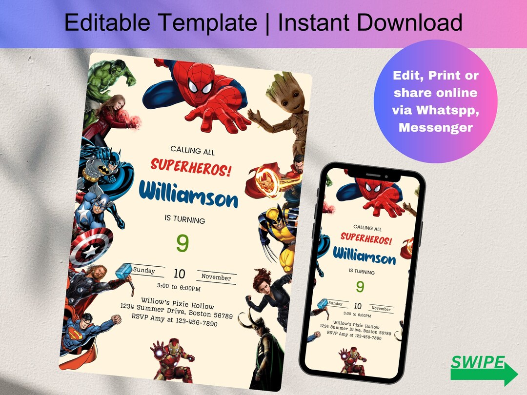 Superhero Birthday Invitation Template, Avengers Invitation, Superhero ...