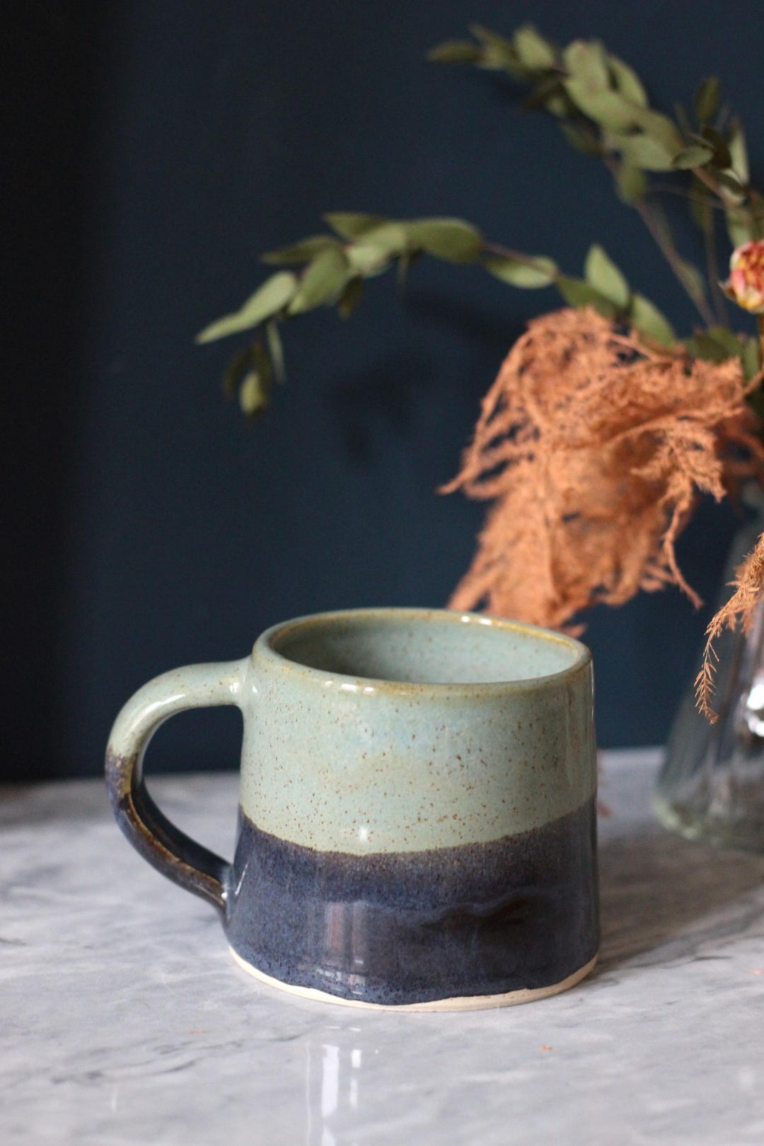 Hand Thrown Stoneware Pottery Mug Dark Inky Blue With Light Stone Blue ...