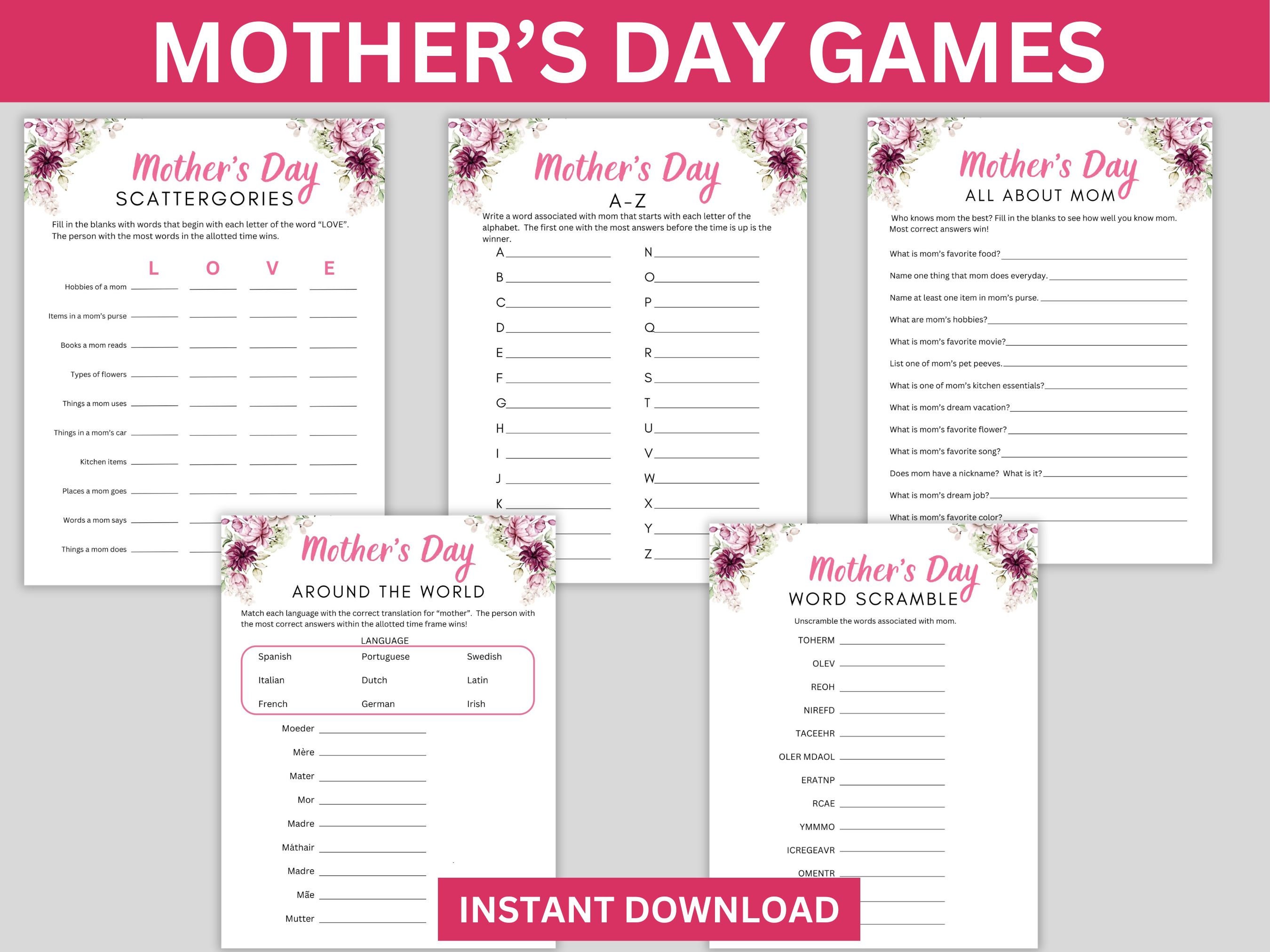 Mother's Day Game Bundle, Printable Mother's Day Party Games, Mother's ...