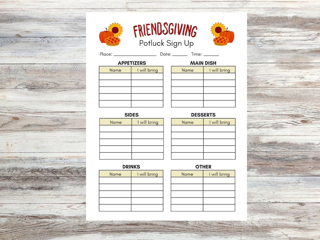 Friendsgiving Potluck Sign up Sheet, Printable Friendsgiving Potluck ...