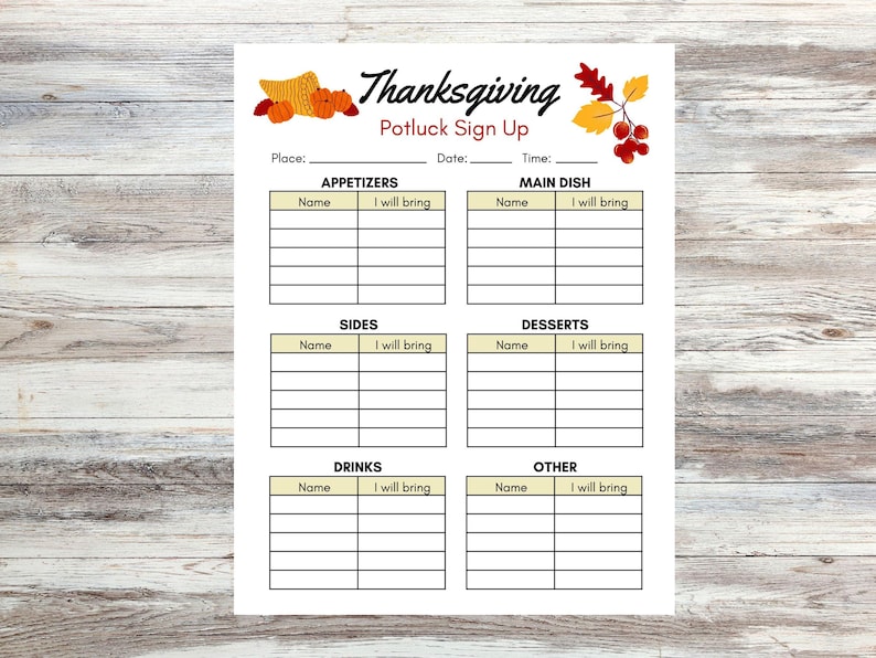 Thanksgiving Potluck Sign up Sheet, Printable Thanksgiving Sign up ...