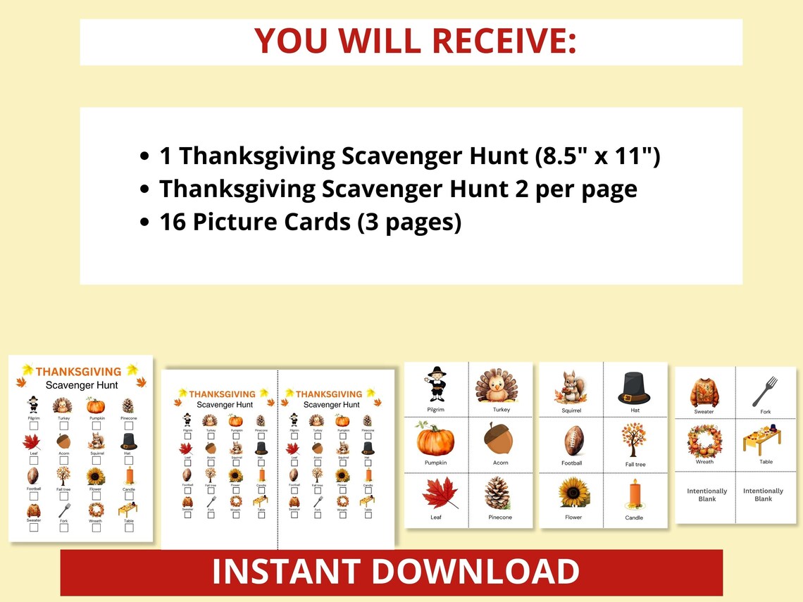 Thanksgiving Scavenger Hunt Printable Thanksgiving Game Picture Cards ...