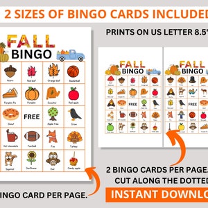Fall Bingo Game 50 Fall Bingo Cards Fall Activity for Kids Printable ...