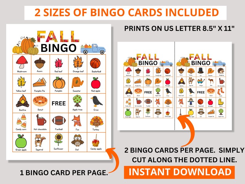 Fall Bingo Game 50 Fall Bingo Cards Fall Activity for Kids Printable ...