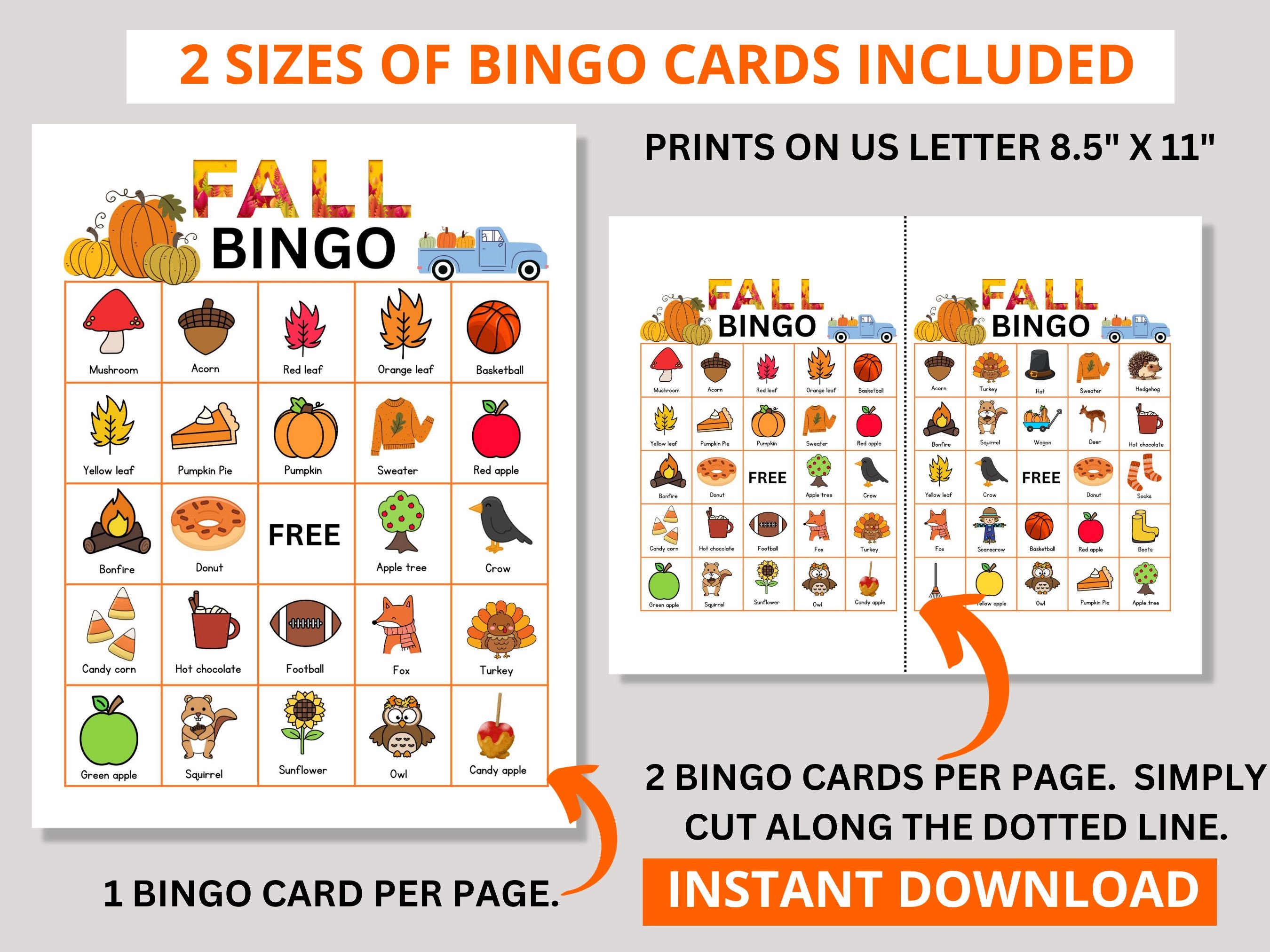 Fall Bingo Game 50 Fall Bingo Cards Fall Activity for Kids Printable ...