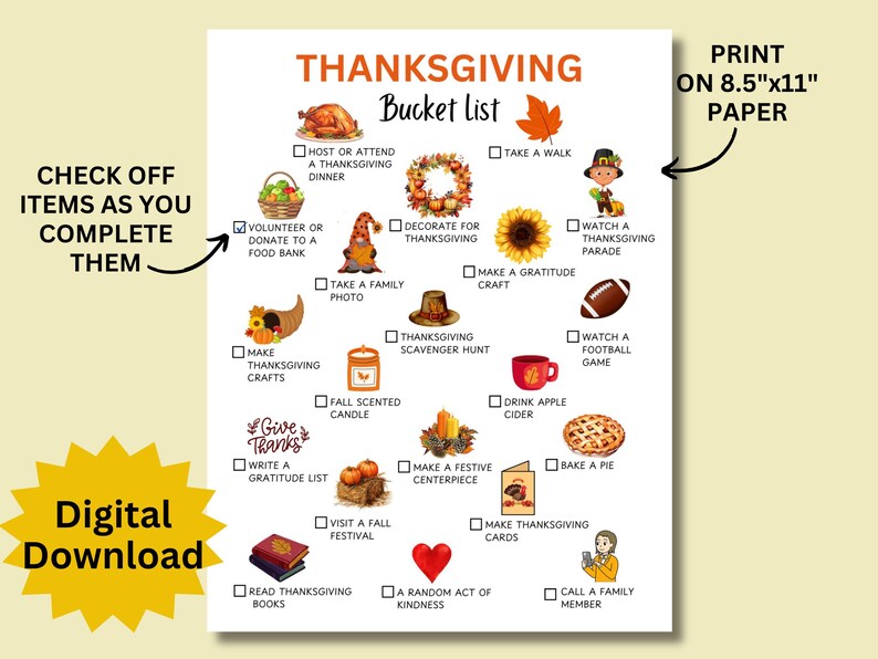 Thanksgiving Bucket List, Printable Thanksgiving List for Families ... Thanksgiving Bucket List, Printable Thanksgiving List for Families ...