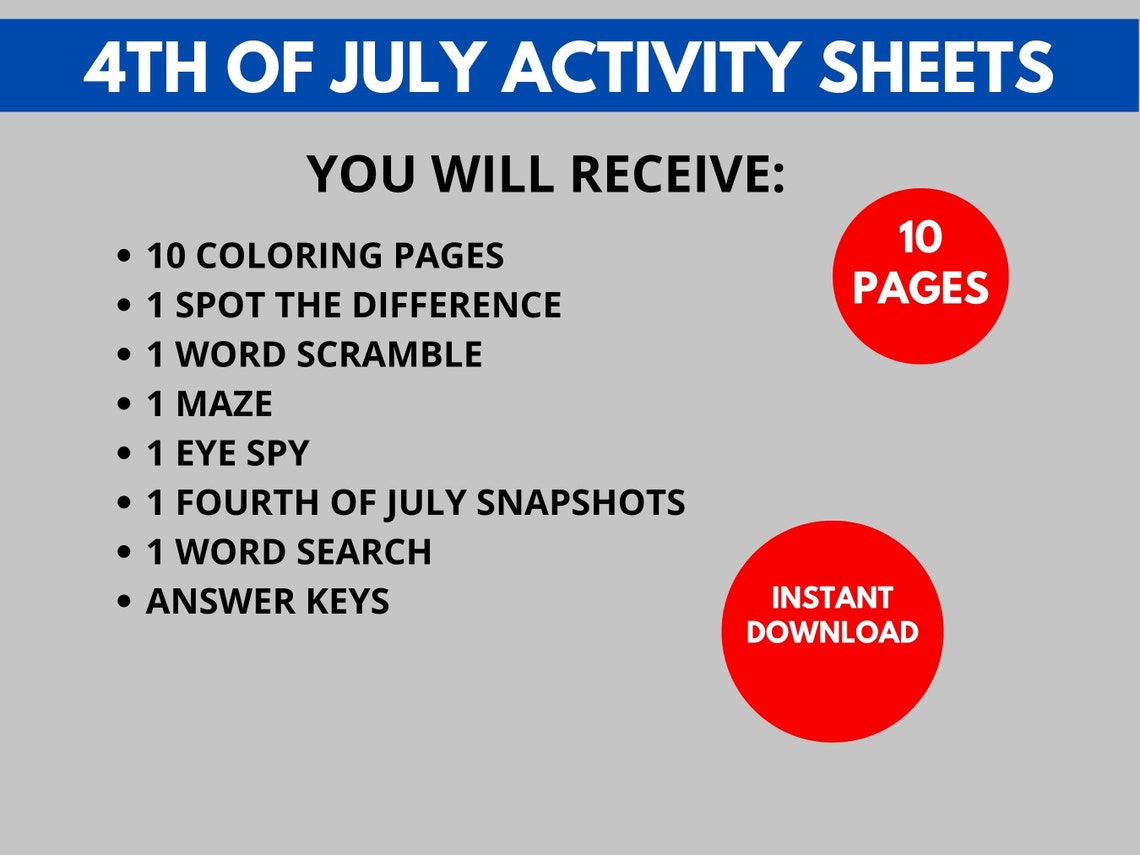Fourth of July Activity Sheets 4th of July Activity Pages July 4th ...