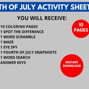 Fourth of July Activity Sheets 4th of July Activity Pages July 4th ...