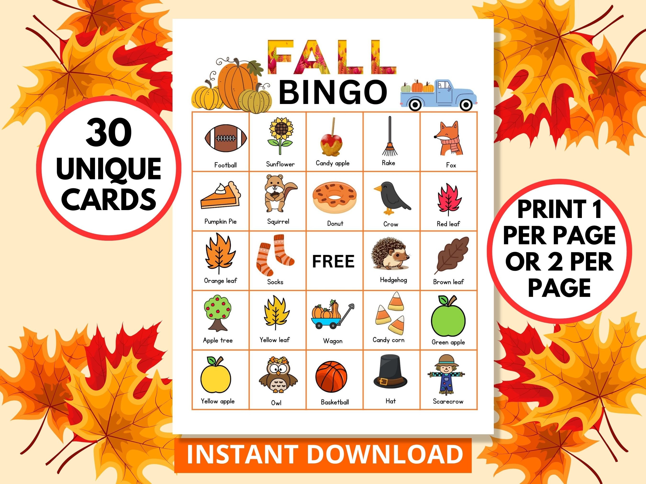 Fall Bingo Game, 30 Fall Bingo Cards, Fall Activity for Kids, Printable ...
