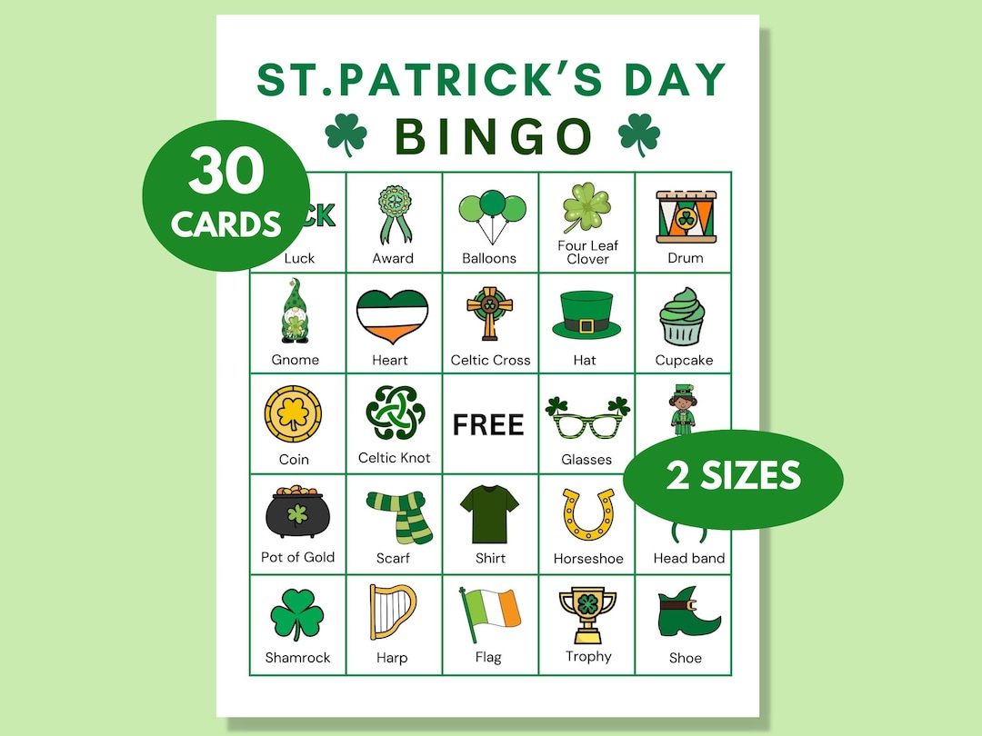 St. Patrick's Day Bingo Game, 30 St. Patrick's Day Bingo Cards, St ...