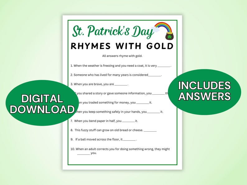 Rhymes With Gold Game, St. Patrick's Day Rhyming Activity for Kids ...
