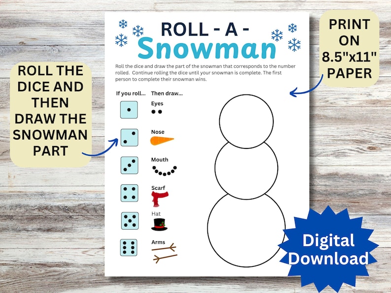 Roll A Snowman Game, Printable Winter Party Game, Build a Snowman Game ...