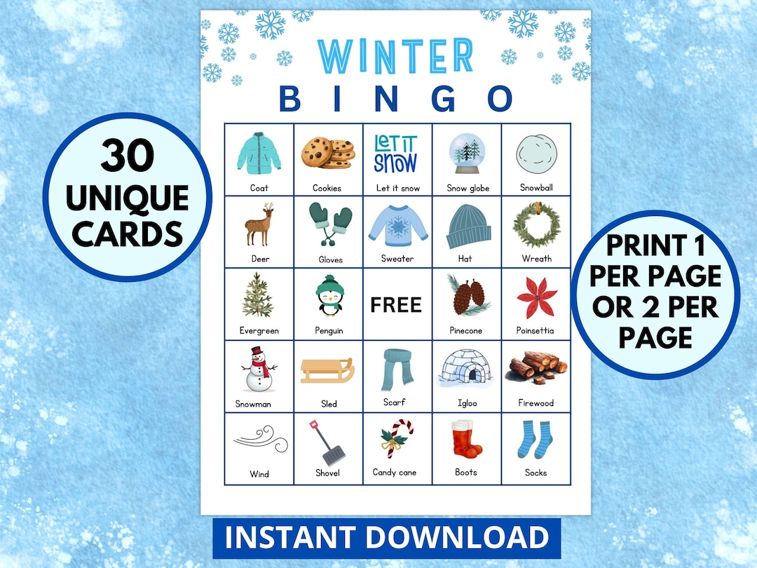 Winter Bingo Game, Printable 30 Unique Bingo Cards, Winter Party Game ...
