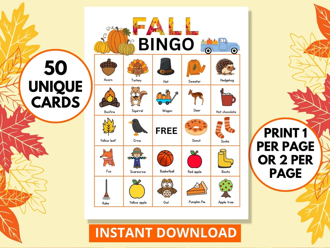 Fall Bingo Game 50 Fall Bingo Cards Fall Activity for Kids Printable ...