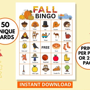Fall Bingo Game 50 Fall Bingo Cards Fall Activity for Kids Printable ...