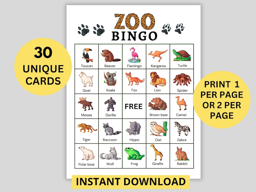 Zoo Bingo Game, 30 Printable Zoo Bingo Cards, Animal Bingo, Zoo Game ...