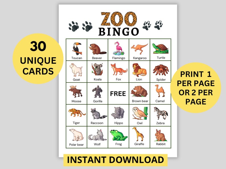 Zoo Bingo Game, 30 Printable Zoo Bingo Cards, Animal Bingo, Zoo Game ...