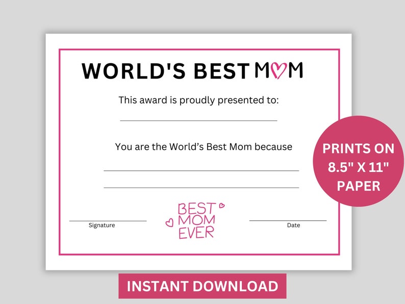 Mother's Day Certificate, Printable World's Best Mom Certificate ...