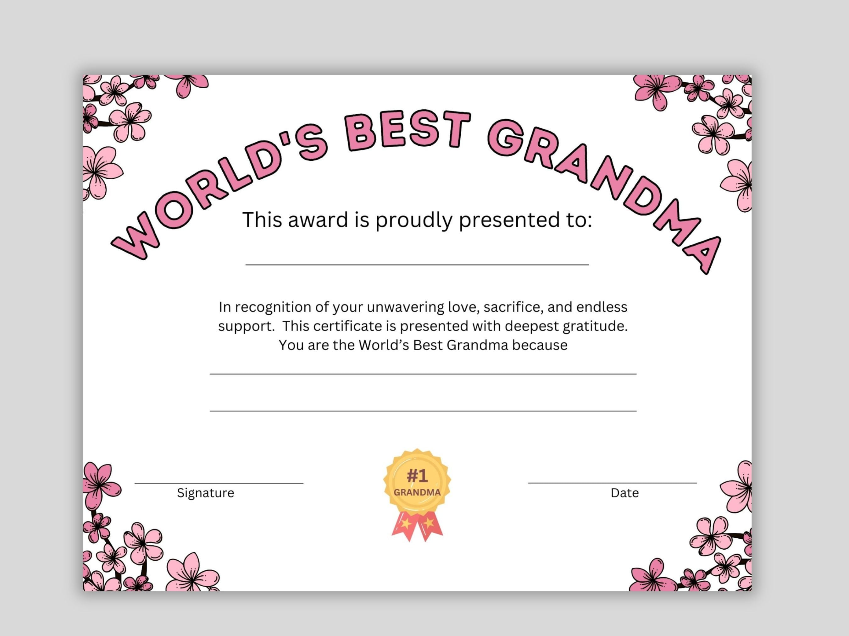 World's Best Grandma Certificate, Grandparent's Day Gift, Mother's Day ...